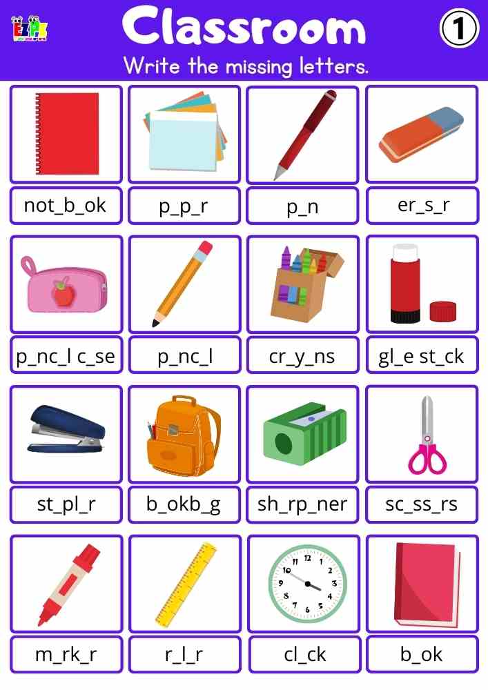 Classroom Objects Fill in the Missing Letters Worksheet Set 1 - Ezpzlearn.com